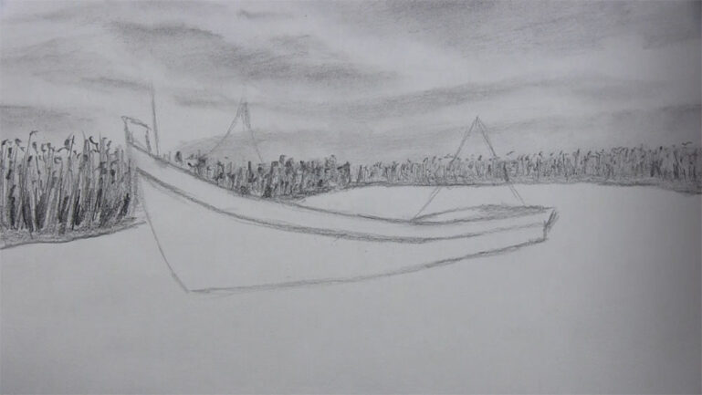 How to Draw a Boat on a Lake on a Cloudy Day - Let's Draw Today